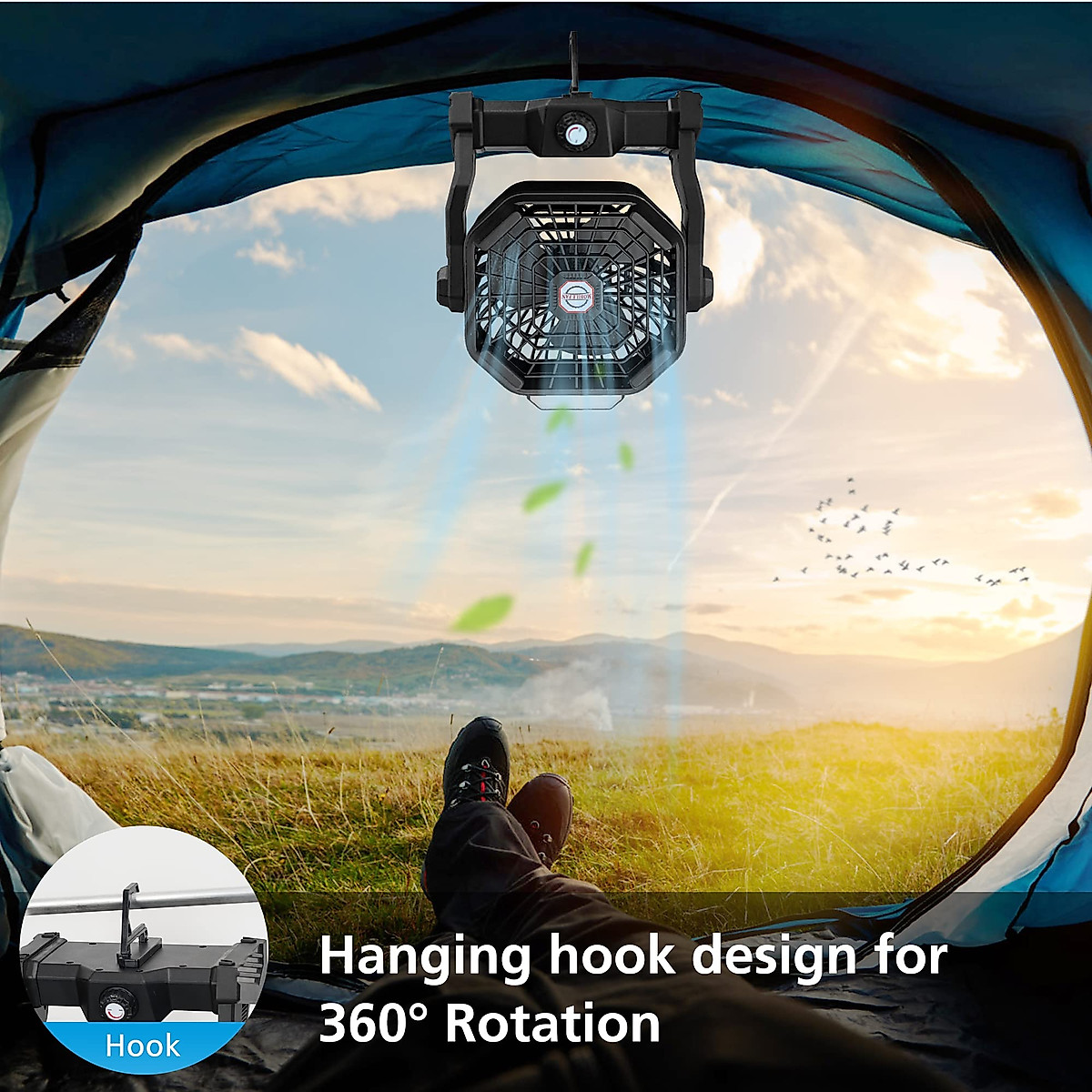 CooCoCo Camping Fan, Portable Fan Rechargeable,Battery Operated Fan Camp Fan for Tents,Stepless Speed & Long-Lasting Battery Fan for Outdoor,Office,Travel