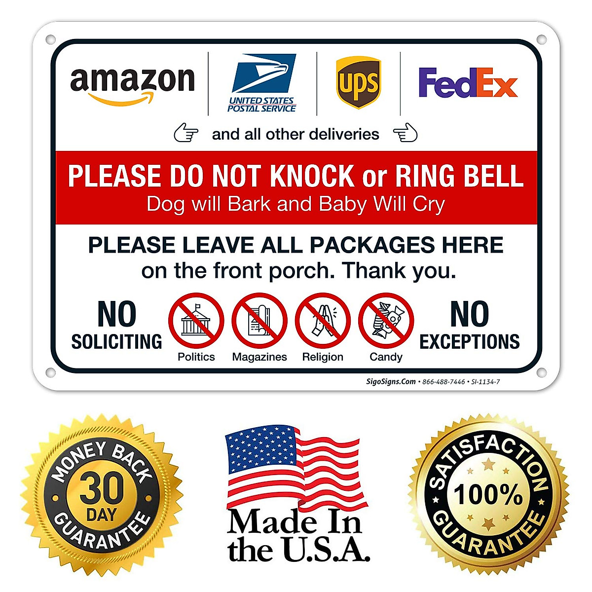Sigo Signs - Do Not Knock Or Ring Doorbell Dog Will Bark Baby Will Cry Sign, 10x7 Inches, Rust Free .040 Aluminum, Fade Resistant, Made in USA