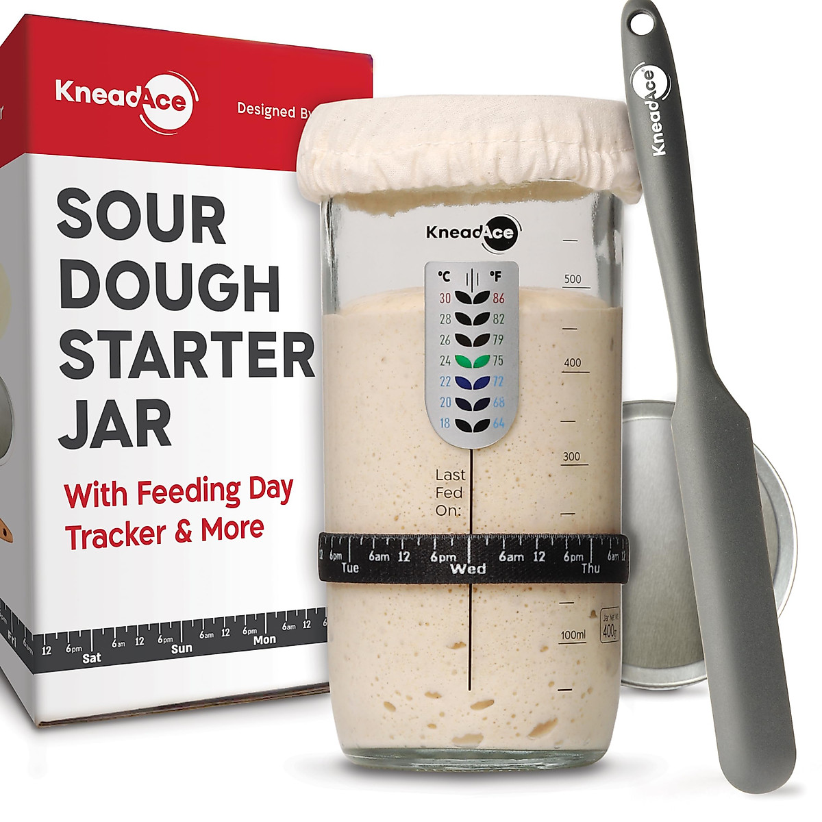 KneadAce Sourdough Starter Jar With Date Marked Feeding Band, Thermometer, Sourdough Jar Scraper, Sourdough Container Sewn Cloth Cover & Metal Lid, Sourdough Starter Kit For Sourdough Bread Baking