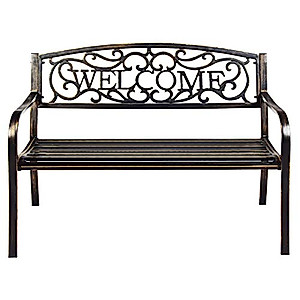 Giantex Garden Bench, Antique Metal Outside Bench w/Warm Welcome Pattern, Elegant Bronze Finish and Durable Metal Frame for Park Yard Porch Chair (Bronze)