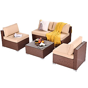 SUNVIVI OUTDOOR 6 Piece Patio Furniture, All-Weather Brown Wicker Outdoor Sectional Couch with Washable Removable Beige Cushions