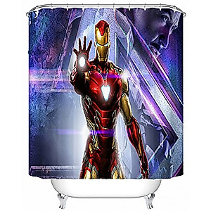 CPLAYSTORE Bathroom Set Cartoon Shower Curtain Set with Rugs, 4 Pcs Marvel Hero Waterpoof Fabric Shower Curtains with Hooks for Kids Bathroom Decor, 72''x72'' (Ironman-220305-03)
