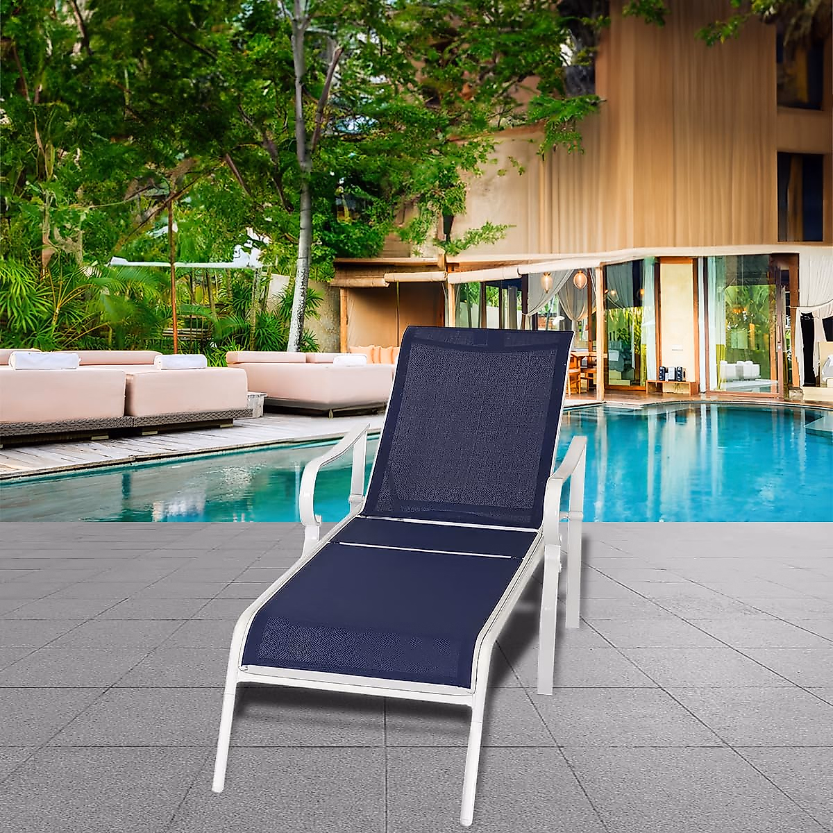 SUMELL Chaise Lounge Outdoor w/Adjustable Back in 5 Reclining Levels Sturdy Metal Frame, Sunbathing Chair for Beach, Yard, Balcony, Poolside, Dark Blue