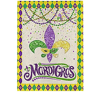 Mardi Gras Burlap Garden Flag 12x18, Outdoor Masquerade Party Decorations Fleur de Lis Garden House Flags,Gold Green Purple Buffalo Check Plaid Yard Flag Double Sided,New Orleans Holiday Outdoor Flags