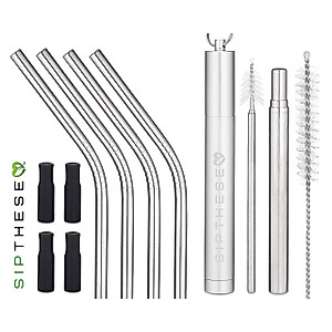 SipThese Collapsible Straw With Retractable Cleaning Brush In Keychain. 4 Angled Stainless Steel Straws With Silicone Tips. 1 Straw Cleaning Brush And Travel Bag. Eco Friendly Reusable Straws
