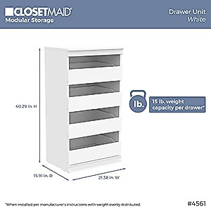 ClosetMaid Modular Storage Unit with 4 Drawers, Wood Closet Organizer, Stacking, Full Backer, Storage, Decorative Trim, White