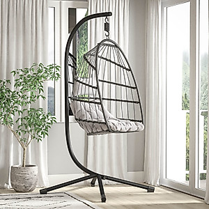 Flash Furniture Harvo Commercial All-Weather Hanging Hammock Chair C-Stand - Black Heavy Duty Steel Offset Base - Included Hardware - 360 Degree Rotation