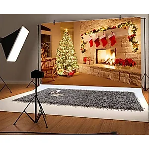 Leyiyi 10x8ft Photography Background Merry Christmas Backdrop Happy New Year Rustic Xmas Tree Pine Fireplace Socks Vintage Stone Wall Red Balls Cold Winter Wreath Gift Photo Portrait Vinyl Studio Prop