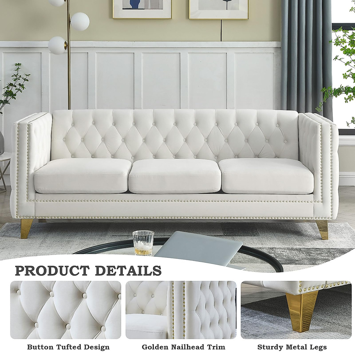 JEEOHEY Chesterfield Sofa,Oversized Velvet Sofa Couch,Deep Seat 3 Seater Sofa,Modern Sofa Chair with Button Nailhead,Upholstered Futon Couches,Furniture for Living Room,Bedroom,Office(Beige)
