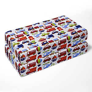 Bacati - 2 Pack Crib Fitted Sheets - Transportation Print Breathable 100% Cotton Percale Baby Sheets - Fits Standard 28 x 52 X 5 inches Crib & Toddler Mattresses