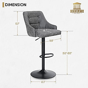 HERA'S PALACE 360 Swivel Bar Stools, Modern Barstool PU Leather Adjustable Counter Height Swivel Stool with Armrest and Backrest for Cafe, Kitchen, (Grey)