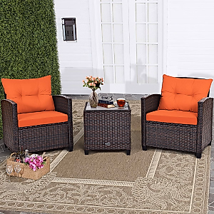RELAX4LIFE 3 Piece Patio Furniture Set, Wicker Bistro Conversation Set w/2 Cushioned Armchairs & Glass Topped Table, Outdoor Rattan Sofa Set Patio Furniture for Porch Balcony Poolside (Orange)