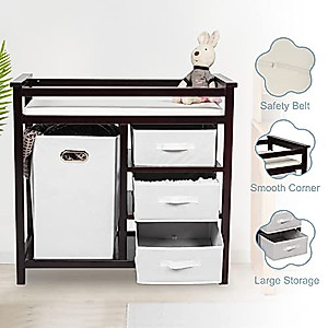 Baby Changing Table - Changing Station with Laundry Hamper, 3 Storage Baskets, and Pad, Multi Storage Nursery Changing Table for Infants or Babies (Dark Brown)