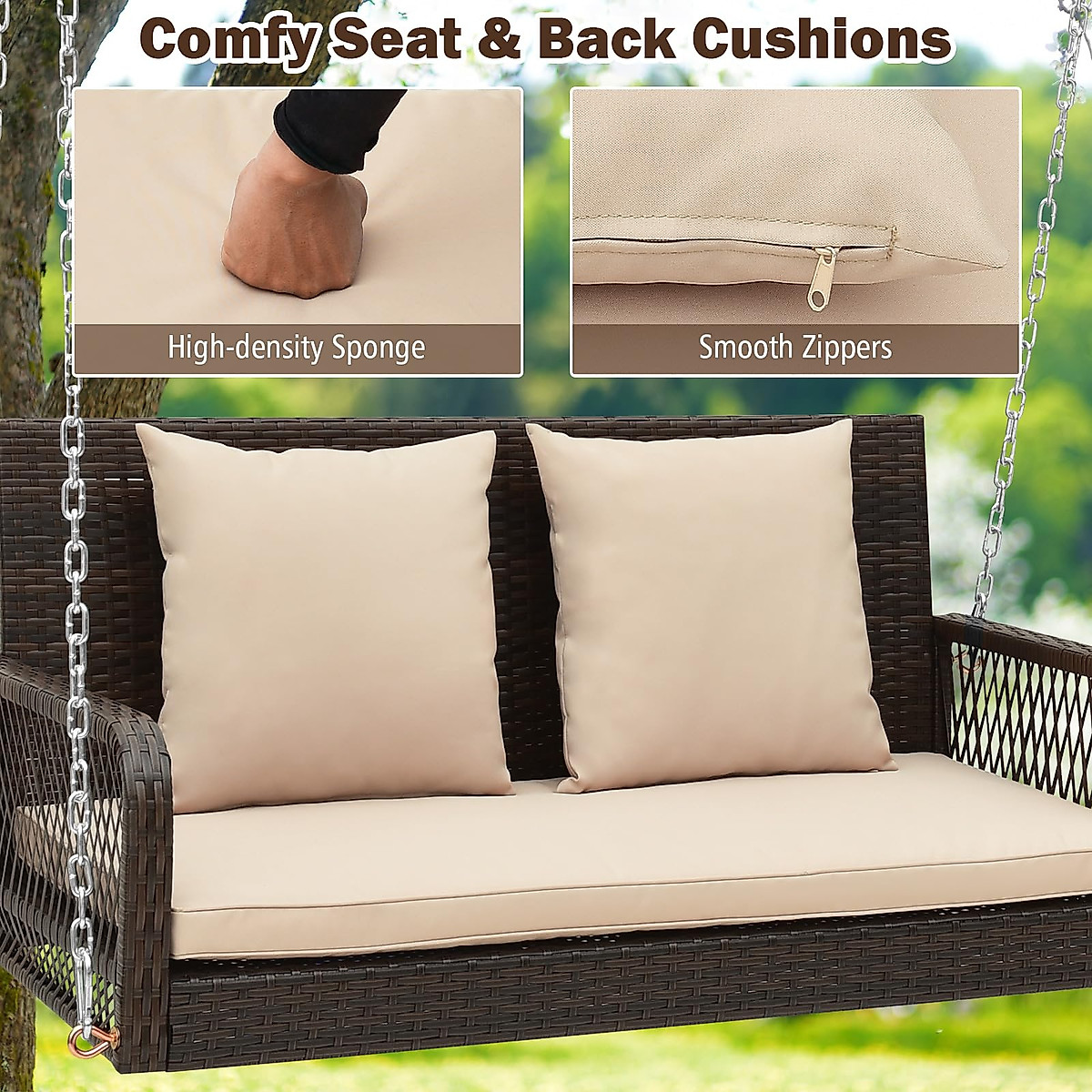 HAPPYGRILL Porch Swing Outdoor 2-Person Hanging Bench Chair with Seat & Back Cushions, Heavy-Duty Metal Structure & 2 Hanging Chains, Wicker Rattan Woven Loveseat Swing for Front Porch Backyard