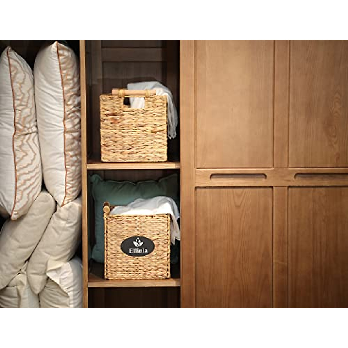 Storage Basket with Wooden Handles Made of Water Hyacinth Woven - Farm, Drawer, Wardrobe, Warehouse, Multipurpose Collapsible Storage Organizer, 4-Pack,Natural Water Hyacinth Color, Ellinia