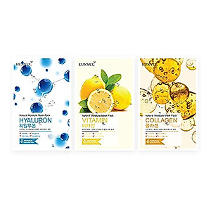 EUNYUL [PACK OF 10] Natural Sheet Mask Pack 10 types Korean Skincare Facial Mask Pack Aloe, Collagen, Pearl, Hyaluron, Avocado, Pomegranate, Vitamin, Blueberry, Green Tea, Cucumber