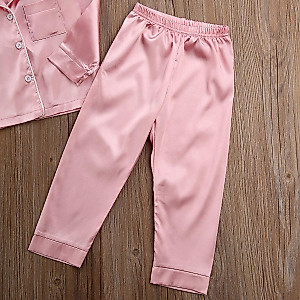 TiendaDeLage Toddler Baby Girl Satin Silk 2 Piece Long Sleve Collared Button Down Shirts and Pants Casual Loungwear Cute Clothes (Long Sleeve Pink,6-12 Months)