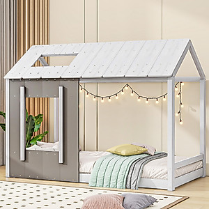 Merax House Platform with Roof and Window, Antique Grey+Antique White
