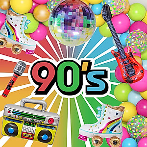Amandir 90s 80s Theme Party Decorations, 90Pcs Balloon Arch Kit 6PCS Inflatable Retro Disco Ball Microphone Rainbow Roller Skate Boom Box Guitar Balloon for Back to 90s 80s Hip Hop Birthday Supplies