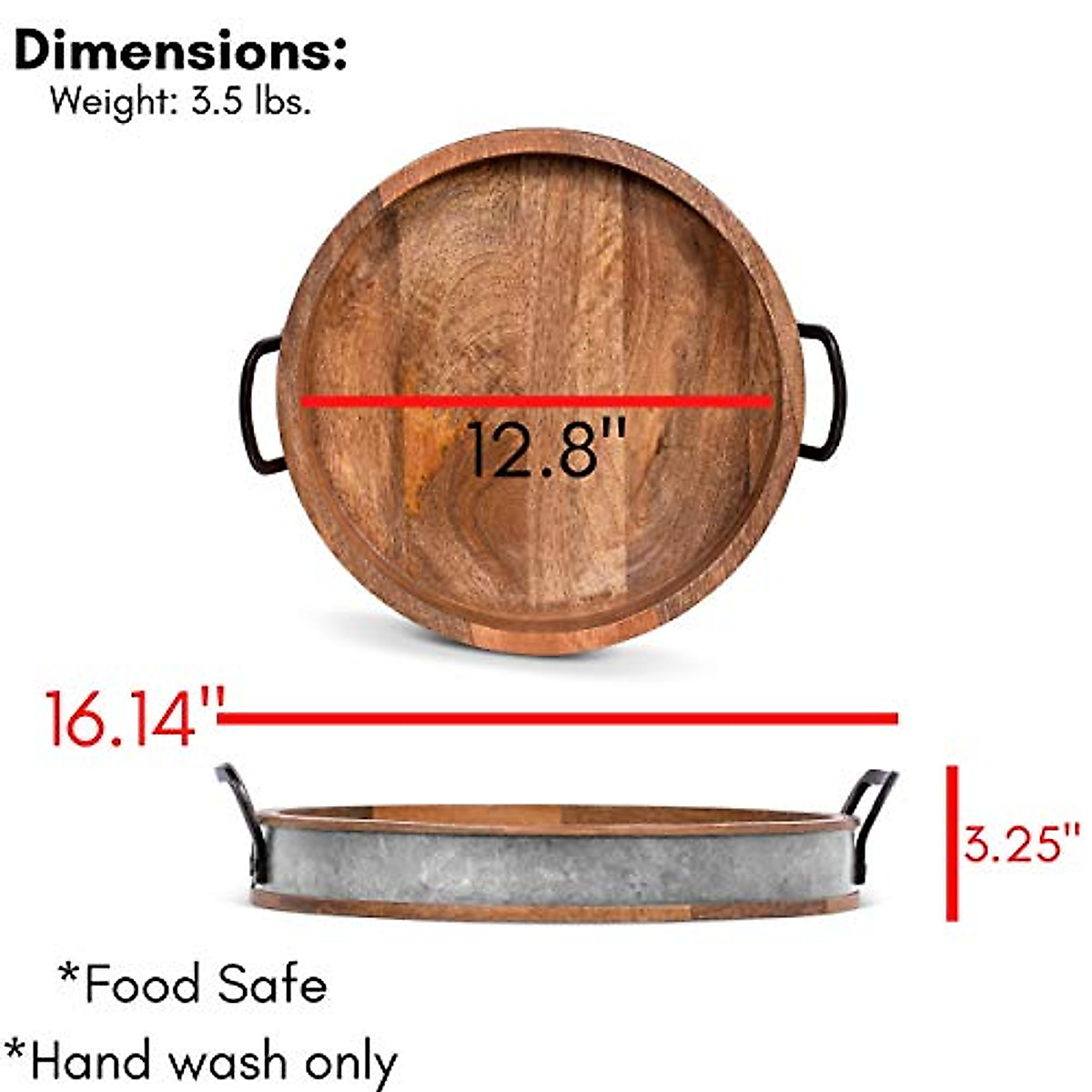 BIRDROCK HOME Wooden Serving Tray with Handles - Iron Accents - Round Barrel Top Breakfast Trays - Tea Cheese Board - Coffee Table Décor - Natural Wood with Iron - Kitchen - Bar - Large