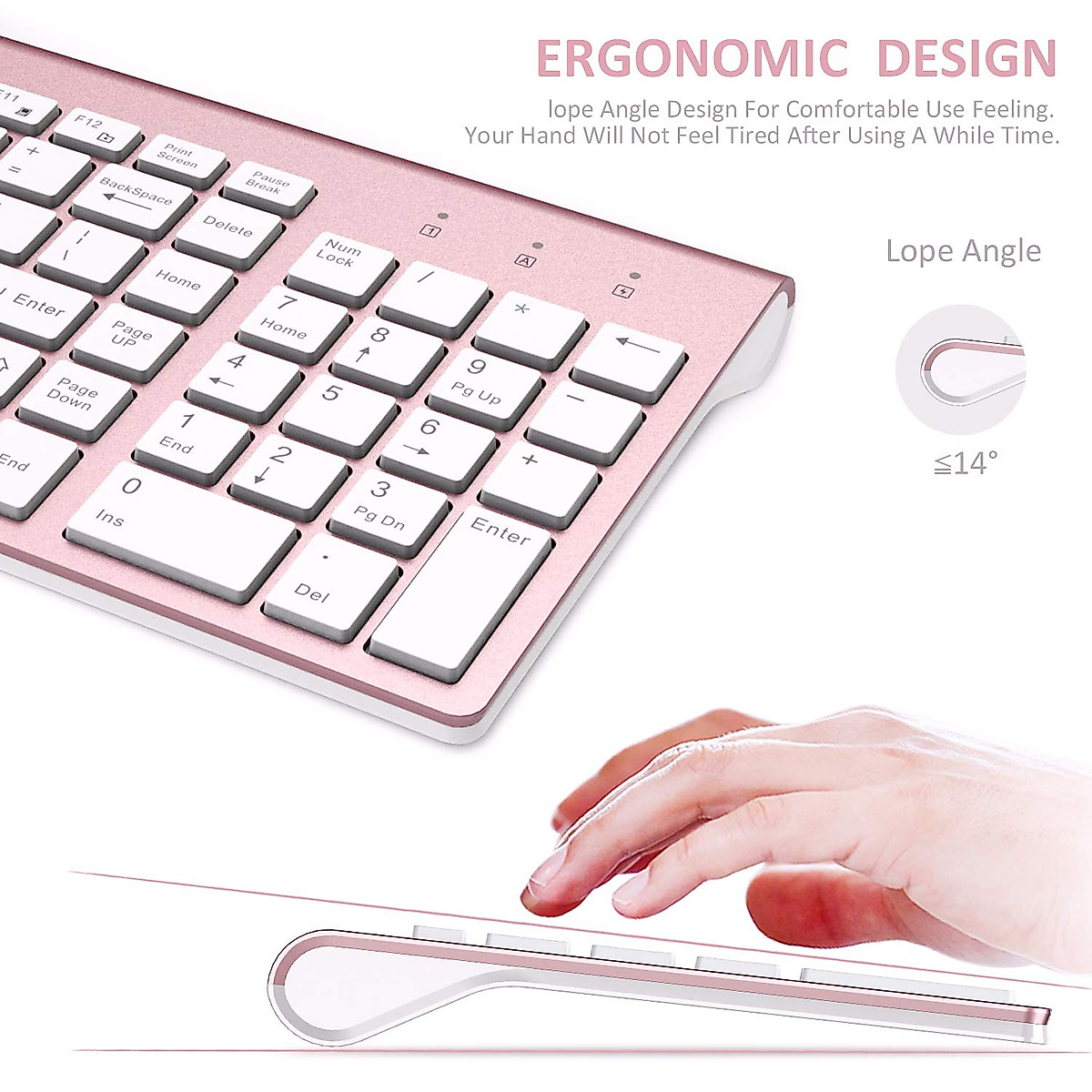 Wireless Keyboard and Mouse, FENIFOX Full-Size Whisper-Quiet Compact Compatible with Mac PC Laptop Tablet Notebook Windows - Rose Gold Pink