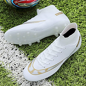YEFDG Men’s Soccer Boots Football Shoes Cleats Spike Shoes Sneaker Comfortable Adults Athletic Outdoor/Indoor/Competition/Training White
