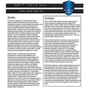 6 Foot - Gotham GAC-1 Ultra Pro (Black) - Premium, Low-Capacitance (21 pf/F) Guitar Bass Instrument Cable - Amphenol QM2R-AU & QM2P-AU ¼ Inch (6.35mm) Gold TS Connectors