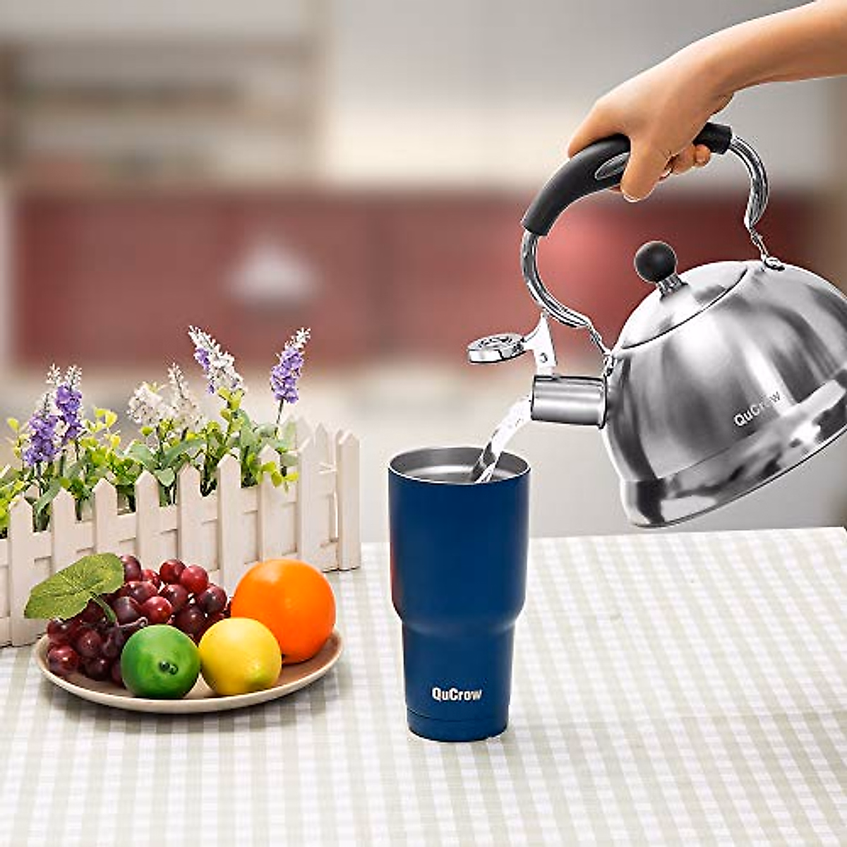 QuCrow Whistling Tea Kettle with Heat-Proof Handle, Kitchen Grade Stainless Steel Teapot Stovetops, 3 Quart, Silver