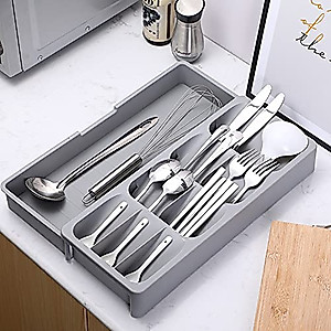 ORIJOYNA Kitchen Flatware Organizers - Drawer Organizer Tray Box Cutlery Expandable Organizer - for Kitchen Drawer Holding Flatware Spoons, Forks, Spatula (Grey)