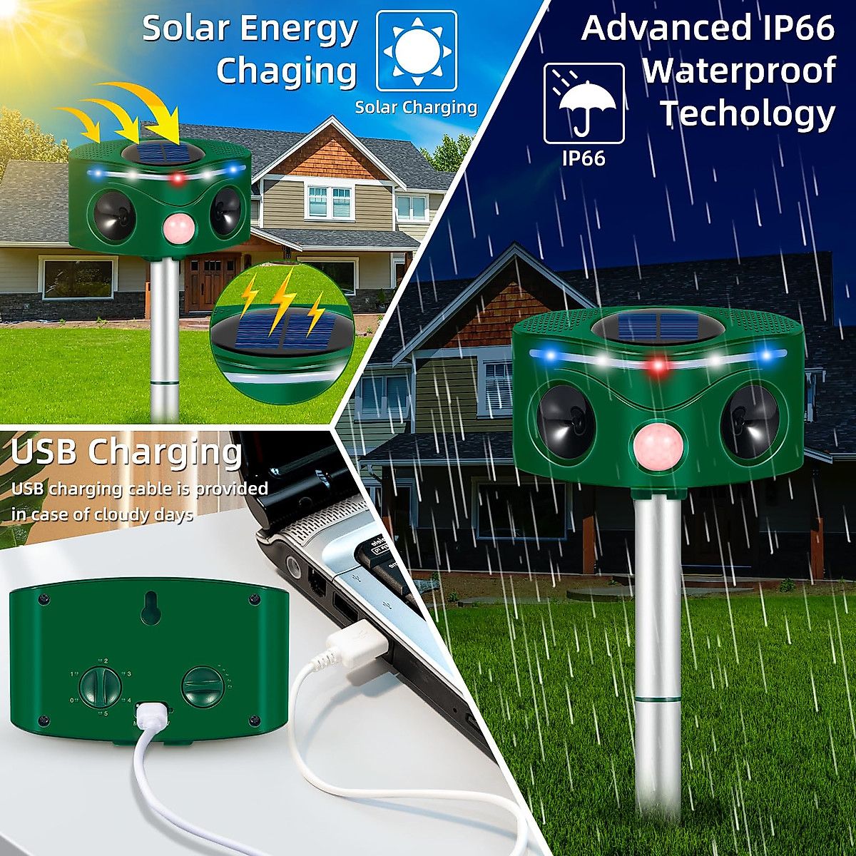 2 Pack Ultrasonic Cat Repellent Outdoor, Waterproof Solar Animal Deterrent with Motion Sensor for Deer Squirrel Cat Dog Skunk Rabbit Raccoon, Deer Repellent Devices