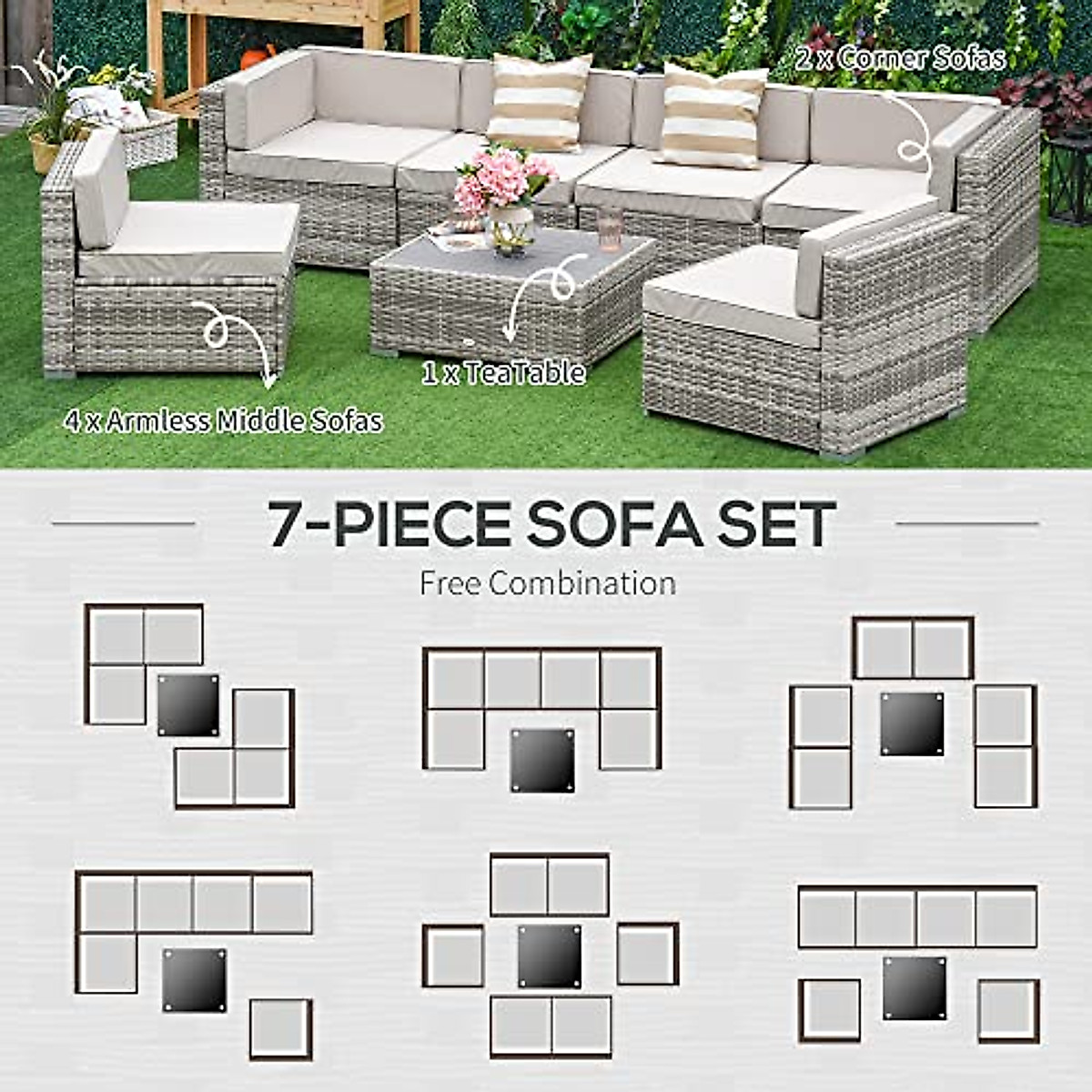 Outsunny 7-Piece Patio Furniture Sets Outdoor Wicker Conversation Sets All Weather PE Rattan Sectional Sofa Set with Cushions & Slat Plastic Wood Table, Beige