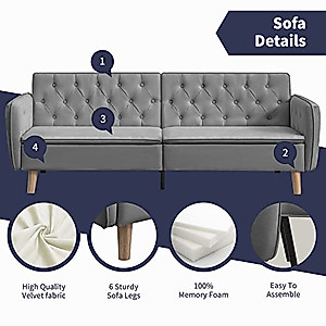 ZAFLY Couch Bed, 76.8'' Loveseat Bed Couches for Living Room, Futon Sofa Deep Seat Beds with Soft Ice and Snow Velvet Sturdy Sleeper Small Space, Bedroom, Apartment, Dorm Light Grey