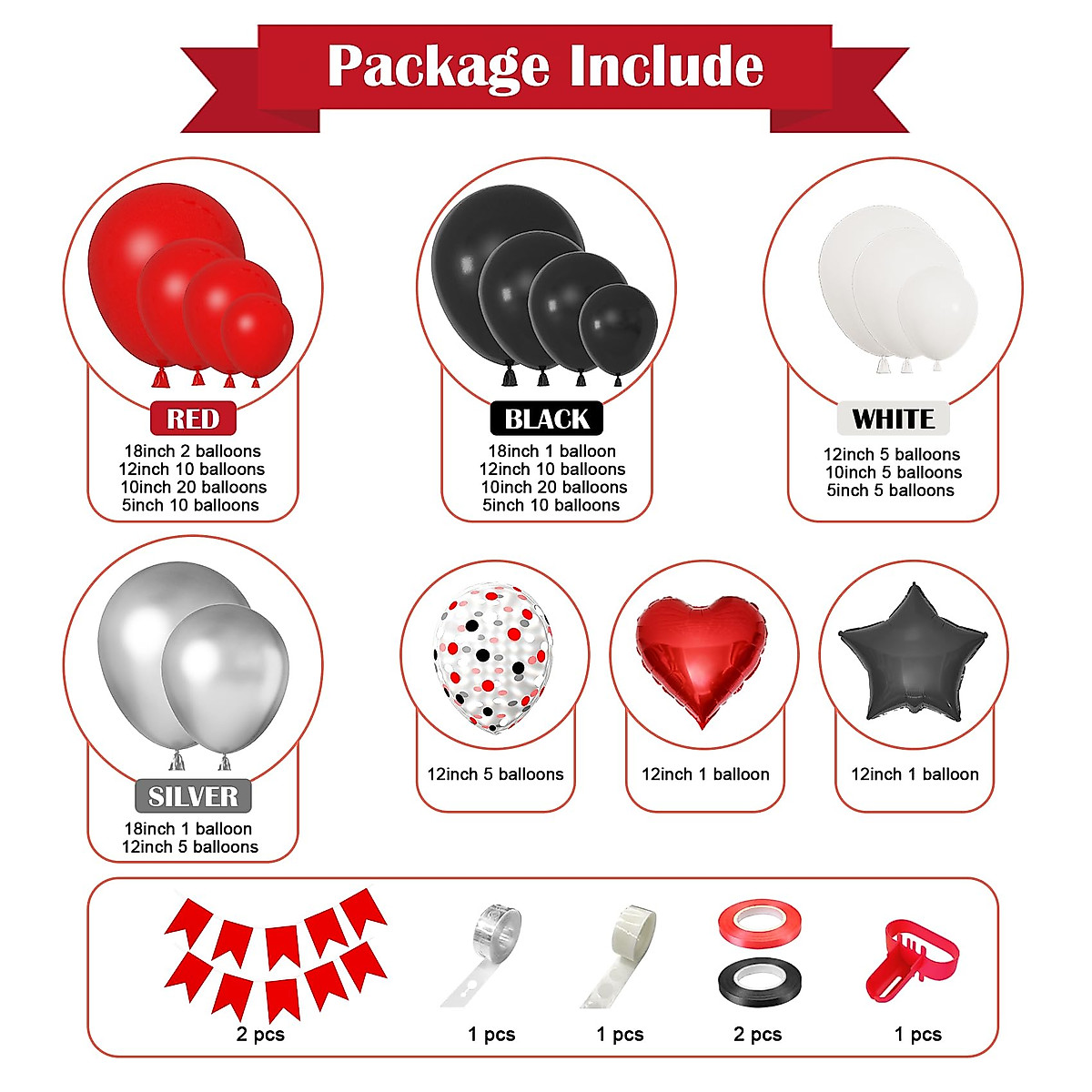 118Pcs Red and Black Balloons Arch Kit, Graduation Decorations Class of 2024 Red Black and White Balloons with Silver Confetti Foil Heart Star & Banner for School Casino Race Car Party Birthday