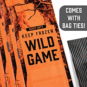 Klarny Outdoors Wild Game Freezer Bags for Ground Meat or Venison, 1.5 LB Blaze Orange Camouflage Hunting Meat Packaging Storage System with Twist Ties for Preventing Freezer Burn (50 Bags)