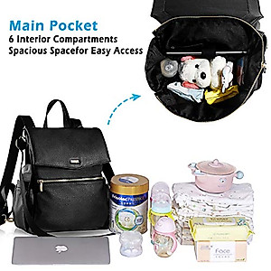 LANDICI Diaper Bag Backpack for Mom,Multifunction Leather Maternity Baby Changing Bag with Stroller Straps,Wipes Pouch,Diaper Bag Organizer,Fashion Diaper Bag Tote for Women,Black