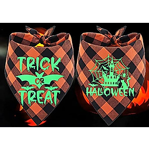 Glow in The Dark Halloween Dog Bandana Scarf, 2 Pack Holiday Fall Dog Bandanas Plaid Triangle Reversible Scarves Bibs for Small Medium Large Dogs Pets