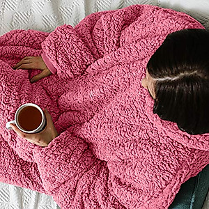 Roore Oversized Sherpa Wearable Blanket Hoodie | Super Soft Warm Reversible Hooded Sweatshirt Thick Plush Giant Pullover Fleece Sweater for Adult Men Women Teens Kids (Pink)