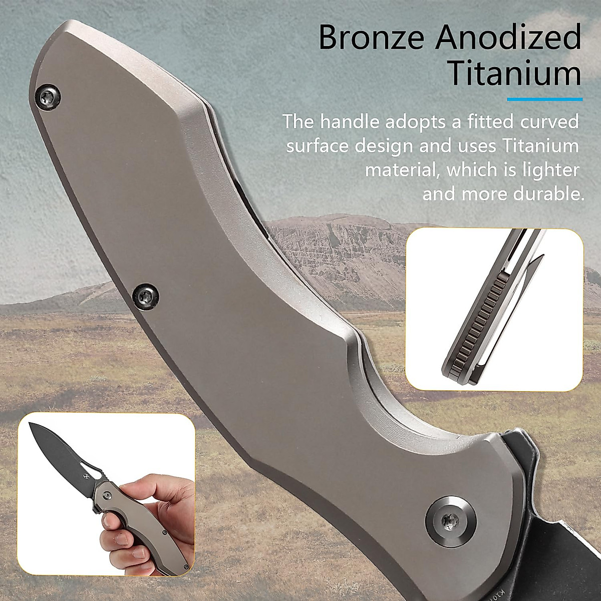 KANSEPT Echis Pocket Folding Knives for Men Women Camping Hiking Folding Knife 3.45'' Black Stonewashed CPM S35VN Blade Pocket Knife with Bronze Anodized Titanium Handle Everyday Carry K1071A2