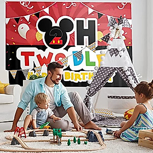 Oh Twodles Backdrop Banner Red and Black Cartoon Happy 2nd Birthday Theme Party Decorations Cheer to Two Years Old Photography Background Supplies for Boys Girls