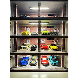 Otypus 1/24 Scale Model Car Display Case with Light, 1 24 Diecast Cars Storage Cases in Parking Lot Scene, Acrylic Toy Garage for Alloy Car Models (Red Brick-8 Parking Place)