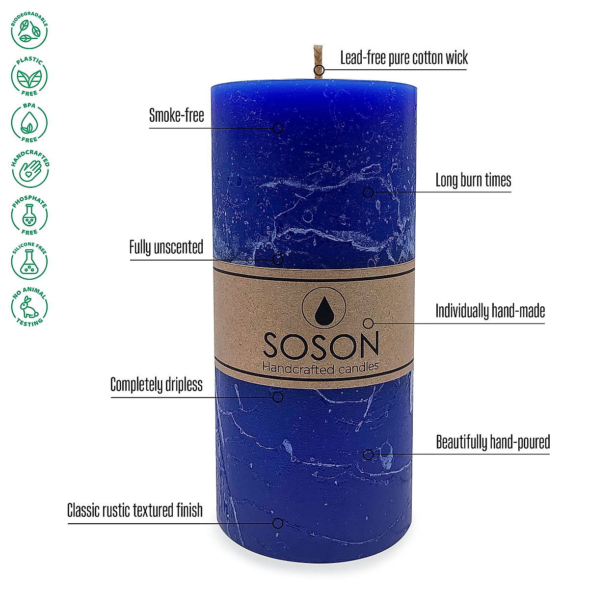 Simply Soson Blue Rustic Texture Pillar Candles 3x6 inch - Set of 3 - Unscented Decorative Blue Candles, No drip Candles, Ideal as Large Candles for Home Decor, Weddings, Holidays
