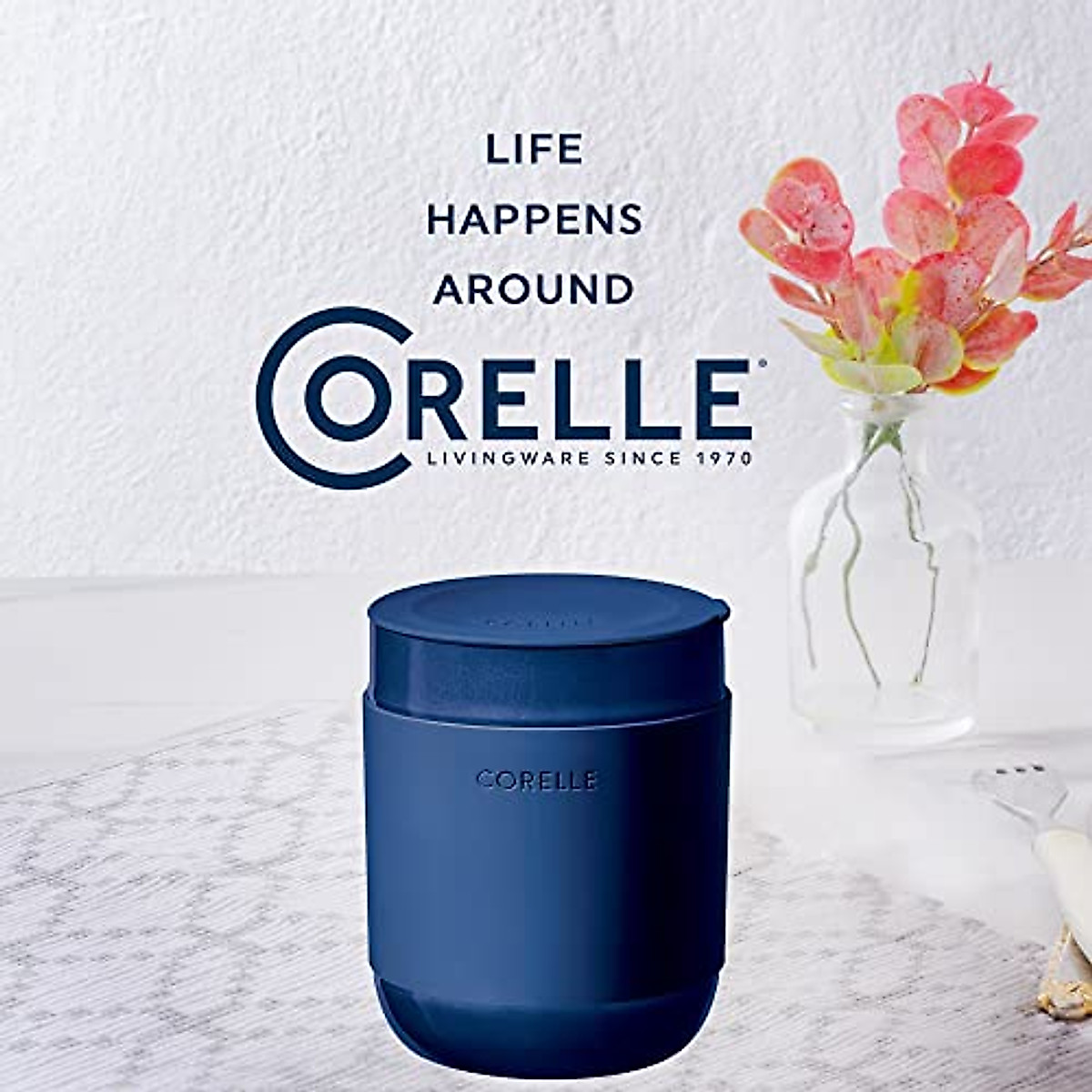 Corelle Stoneware 4-Pc Tumbler Set of 2 with Lids, Handcrafted Artisanal Travel Mug, Solid Glaze Stoneware, 13-1/2-Oz Travel Coffee Mug Set, Navy