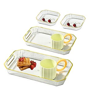 4 Pack Serving Tray with Handles, Gold Serving Tray for Party Breakfast Kitchen Dinner, Clear Decorative Ottoman Tray for Tea, Coffee,Multi-Use Plastic Trays Set