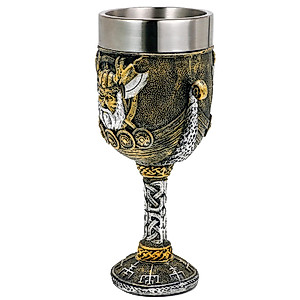 Medieval Viking Odin Wine Goblet - Viking Gifts for Men 7oz Stainless Steel Drinking Cup Norse Viking Warrior Dragon Ship Chalice Viking Fans Gifts Party Decoration