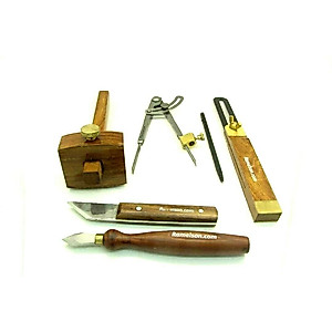 UJ Ramelson 6pc Complete Professional Wood Marking/Striking Carving Drawing Knife Set with Sliding Bevel and Marking Gauge & Wing Compass with Carbide Scribe
