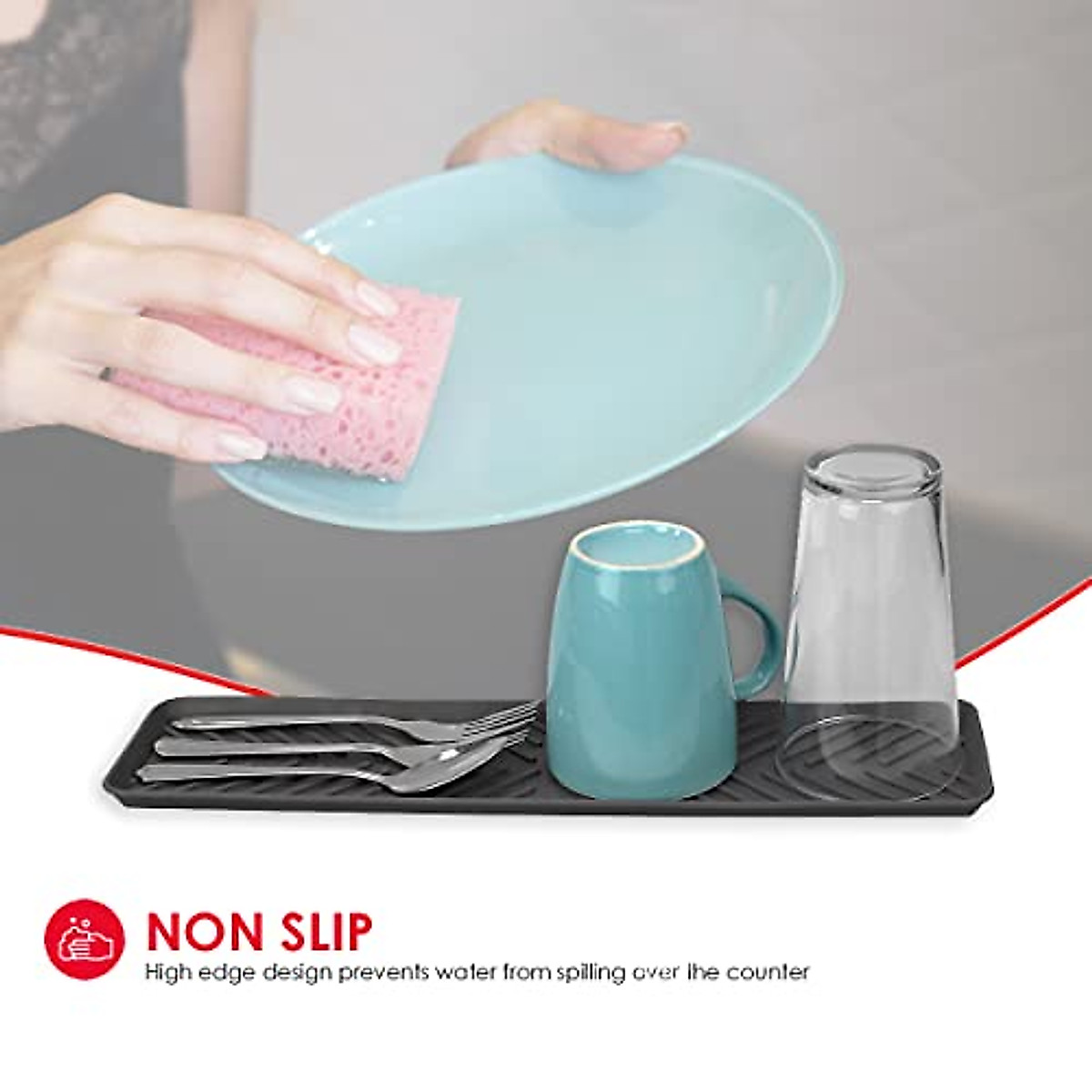 Home Basics Ridged Plastic Non-Skid Dish Drying Mat, Grey (1)