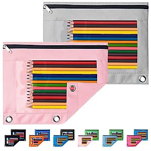 Sooez Pencil Pouch for 3 Ring Binder, 2 Pack Binder Pencil Pouch with Clear Window Pencil Bags with Zipper & Reinforced Grommets, Pencil Case for Binder Pink & Grey