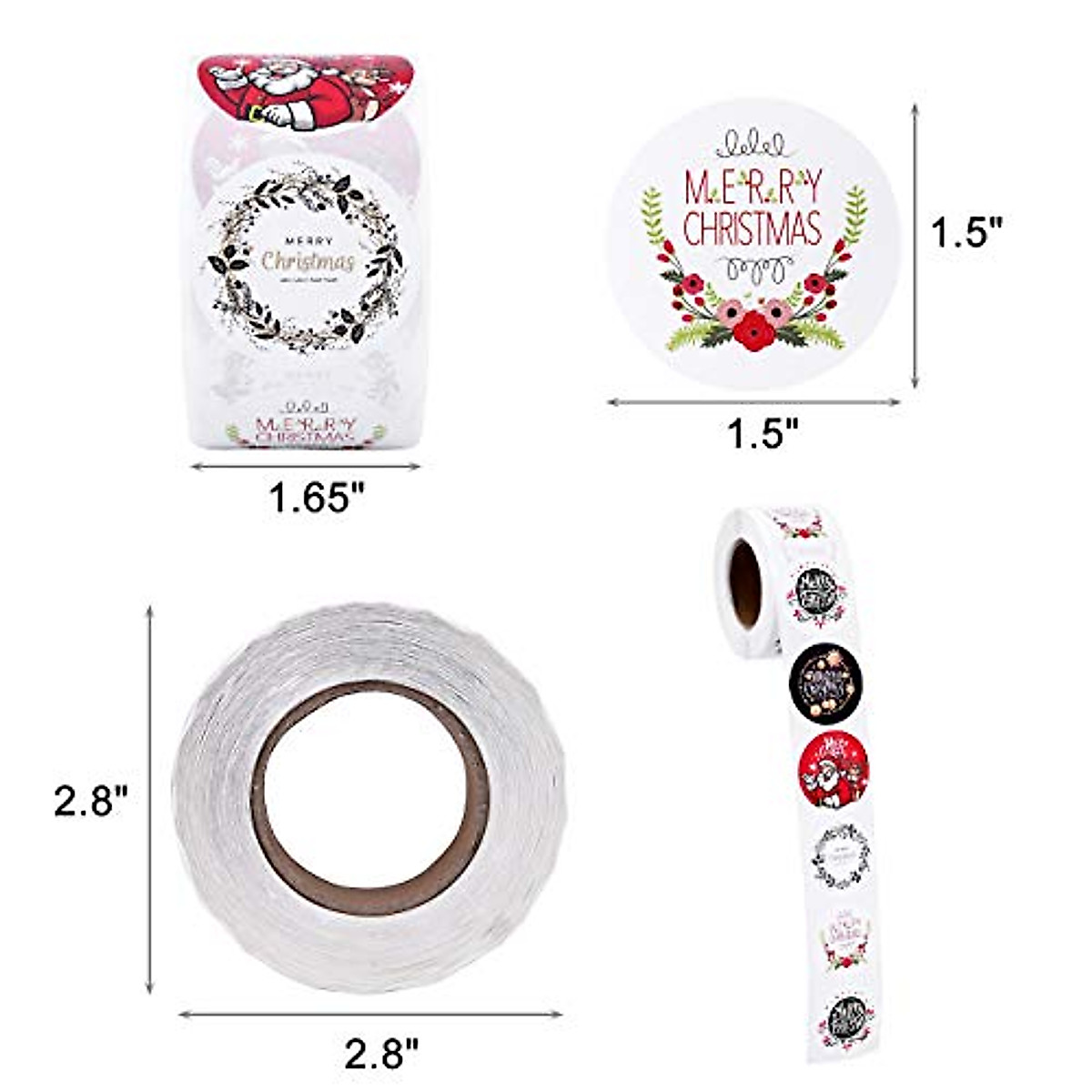 Yoption Merry Christmas Stickers Roll 1.5 Inch, 500 Round Christmas Tags, Multiple Designs （5 Patterns）