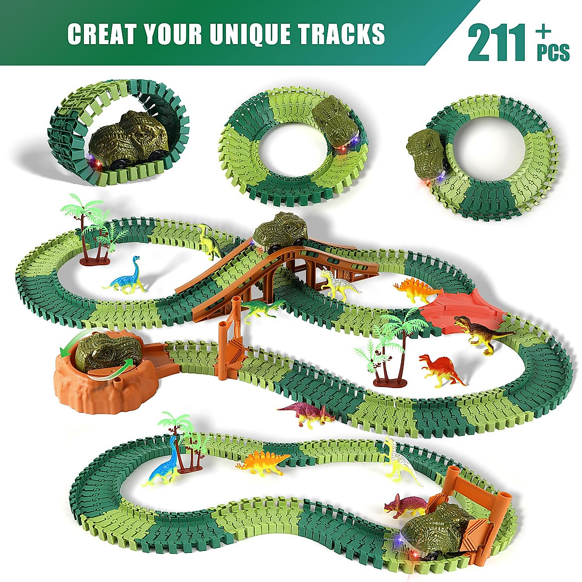 Jurassic Dinosaur Toys Race Car Track for Boys Age 4-7 Dinosaur World Road Race - Flexible Train Track Playset with 2 Cars and 8 Dinos-Todder Kids Best Gifts Ideas 3 5 6 Years Old (220+pcs) DDAI
