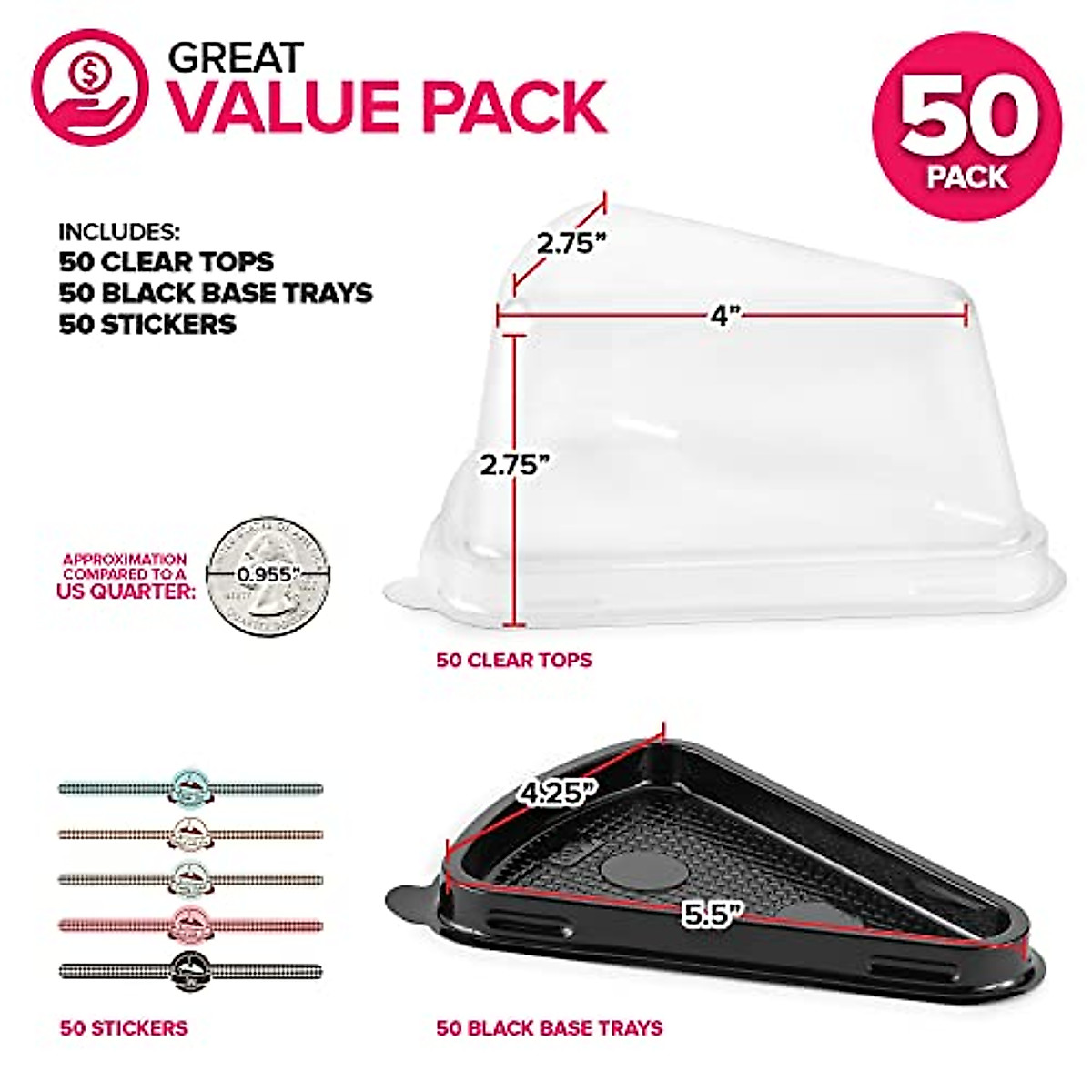 Cake Slice Containers Plastic Disposable, Cheesecake Boxes, Pie Container with Lid for Individual Slices of Cakes, Disposable Triangular Pie Box, Reusable, Complimentary Stickers (50 Pack)
